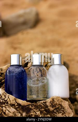 Brown skincare containers in bathroom close up Stock Photo - Alamy