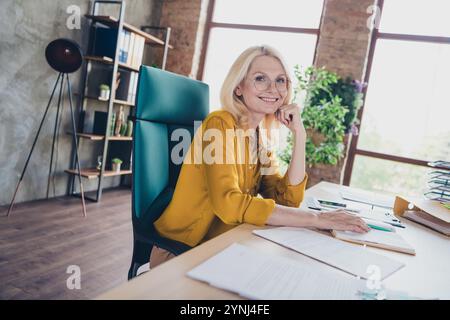 Photo of sweet charming lady assistant wear shirt texting modern device ...