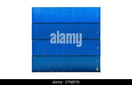 Stacked standard cargo containers isolated on white background, front ...