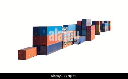 Stacked group of cargo high super heavy containers isolated on white ...