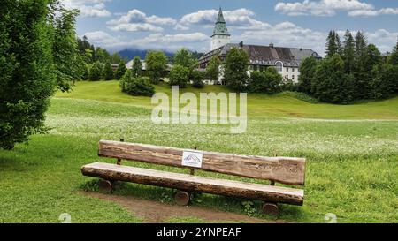 Bench of the G 7 summit from 2015 in front of Elmau Castle Stock Photo ...