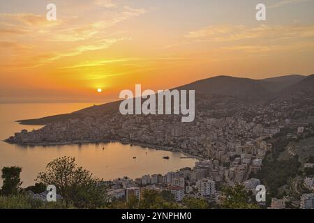 View from the Lekuresi castle on Saranda at sunset Stock Photo - Alamy