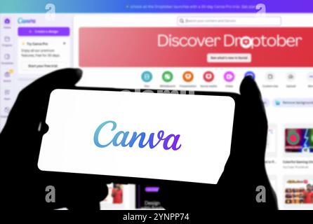 Smartphone with Canva logo, is a simplified graphic design tools software and website. Dhaka ...
