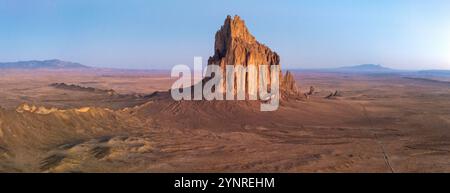Sunrise aerial panoramic photograph of Shiprock, a monadnock near the ...