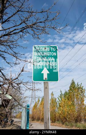 Directional sign access to Burlington trail at Hamilton Beach Park in ...