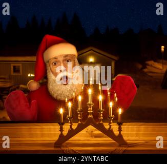 A shocked Santa Claus stands outside the window and looks inside Stock ...