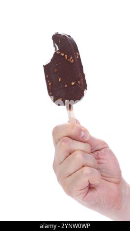 Bitten chocolate-coated blocks of ice cream on stick. White background ...