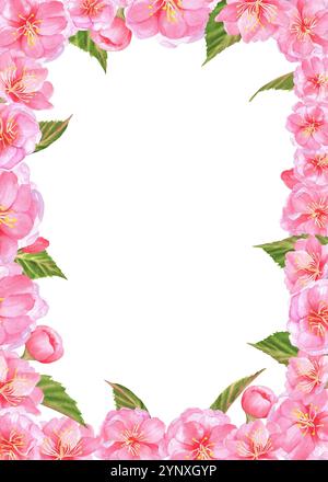 Rectangular frame with pink Sakura blossoms and green leaves. Hanami ...