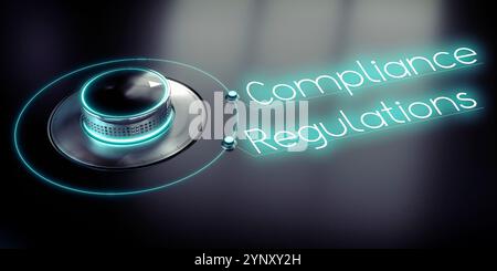 Regulations, guidelines - rotary knob and glowing words - 3D ...