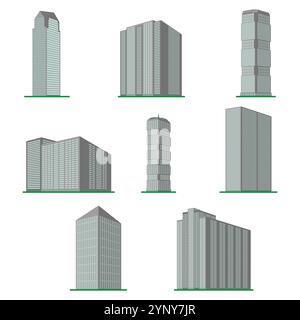Set of eight modern high-rise building on a white background. View of ...