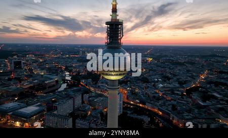 Aerial video shows a vibrant cityscape with a majestic tower famous ...