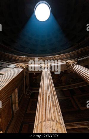 Rome, Italy, July 2017, A beam of sunlight pierces the Pantheon dome ...