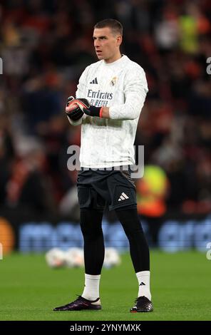 Real Madrid's goalkeeper Andriy Lunin saves a ball during the Copa del ...