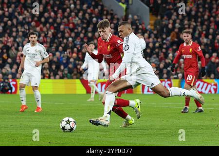 Kylian Mbappe of Real Madrid takes a shot on goal during the UEFA ...
