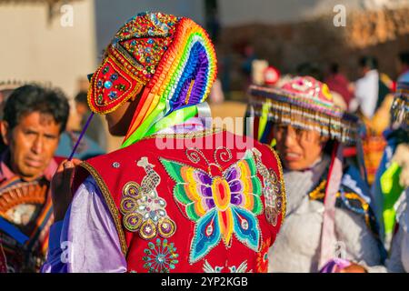 Back view of Peruvian man in traditional dress on celebration ...