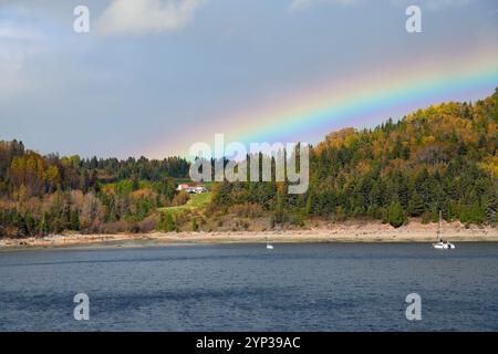 The beautiful rainbow over a tranquil river surrounded by green ...