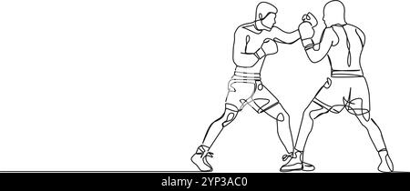 Continuous one line drawing boxers fighting on ring, opponents in ...