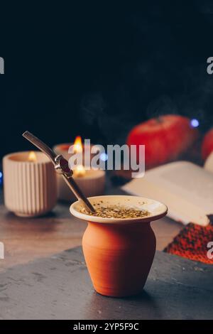 A healthy strong drink, the classic Yerba Mate tea is served in a ...