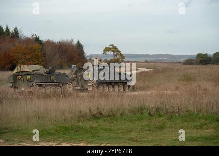 British army Warrior FV512 towing a Bulldog FV434 along a dirt track ...