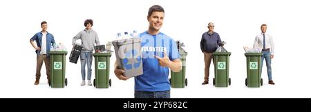 Men with recycle bins and waste materials isolated on white background ...