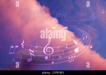 Musical symbols in beautiful sky with clouds, color toned Stock Photo ...