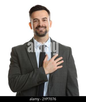 Man making promise on white background. Oath gesture Stock Photo - Alamy