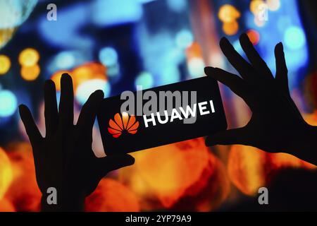 In this photo illustration, the Huawei Technologies logo is displayed ...