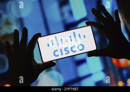 Logo of the American company Cisco is displayed during the Mobile World ...