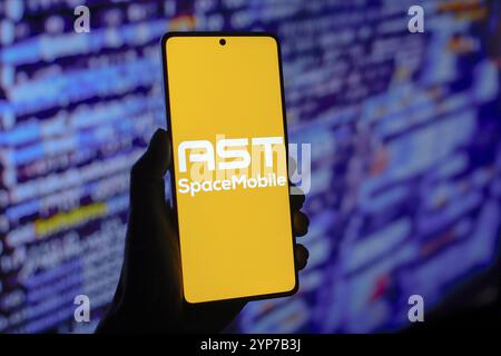 In this photo illustration, the AST SpaceMobile logo is displayed on a ...