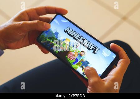 In this photo illustration a Minecraft logo seen displayed on a ...