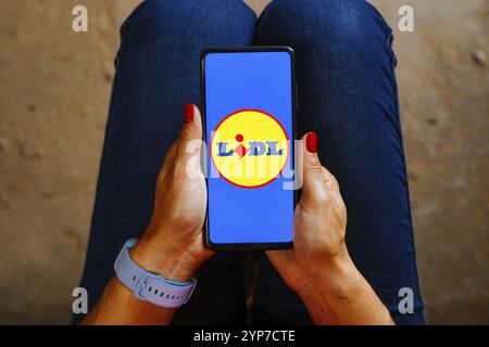 In this photo illustration, the Lidl logo is displayed on a smartphone ...