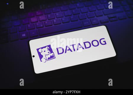 In this photo illustration, a Datadog logo is seen displayed on a smartphone and in the ...