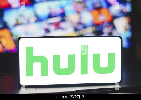 In this photo illustration, a Hulu logo is displayed on a smartphone ...