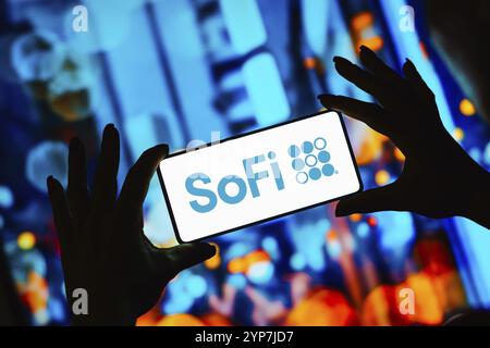 In this photo illustration, the SoFi Technologies logo is displayed on ...