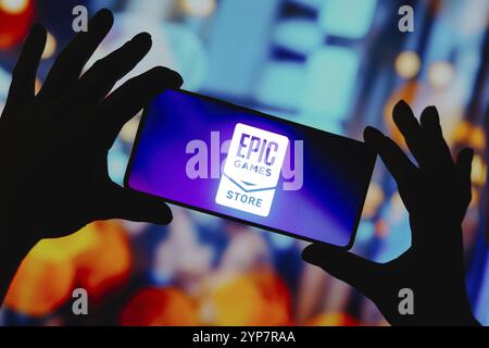 In this photo illustration, the Epic Games Store logo is displayed on a ...