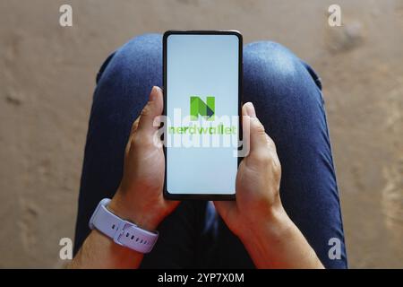 In this photo illustration, the NerdWallet logo is displayed on a ...