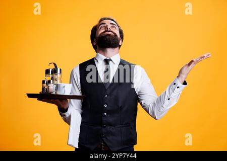 Spiritual waiter talking to jesus in studio, praying for success and ...
