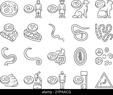 helminth worm parasite nematode icons set vector. tapeworm roundworm ...