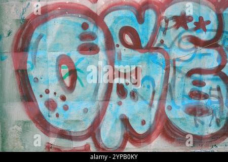 White, blue letters with red dashes, dots, circles, and lines with ...