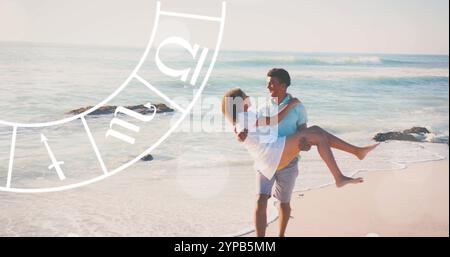 Image of horoscope over happy biracial couple holding hands at beach ...
