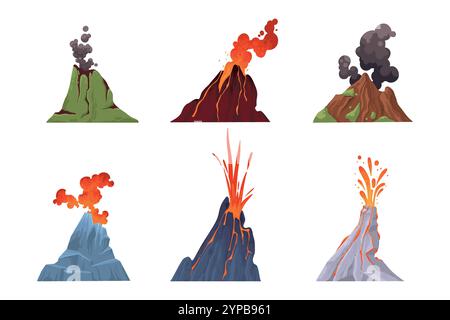 Cartoon volcano eruption. Active volcanoes exploding fire lava and ...