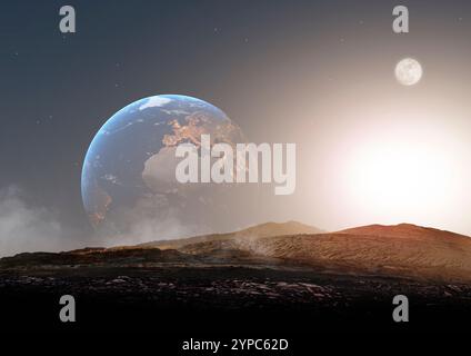 Earth rising above a distant planets horizon, with the moon in view and ...