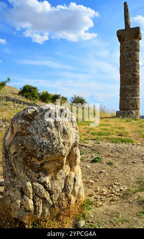 The ancient Karakuş Tumulus in Turkey, featuring towering stone columns ...