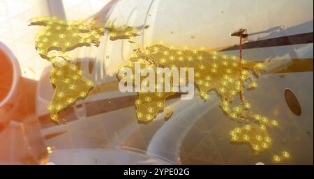 Image of world map with plane icons and digital data processing over ...