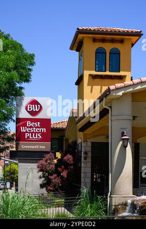 Moab, UT, USA - June 12, 2024; Cityscape view of busy downtown Moab ...