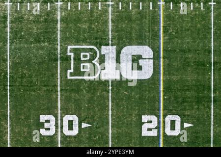 The Big Ten Conference logo on the court at Pauley Pavilion during a ...