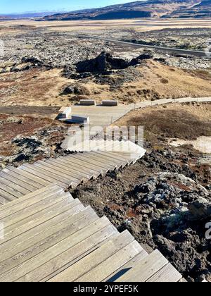 Steps leading to the top of the Grabrok Volcanic Crater in Iceland ...