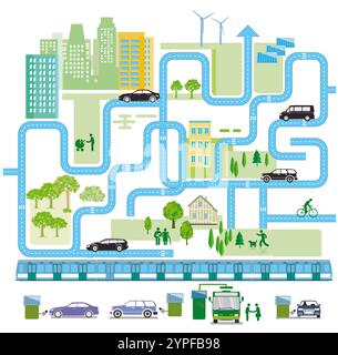 City overview with traffic and houses, illustration Stock Photo - Alamy