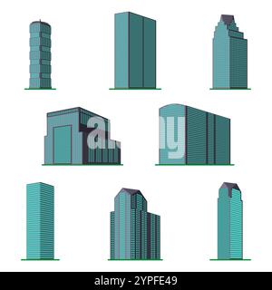 Set of eight modern high-rise building on a white background. View of ...