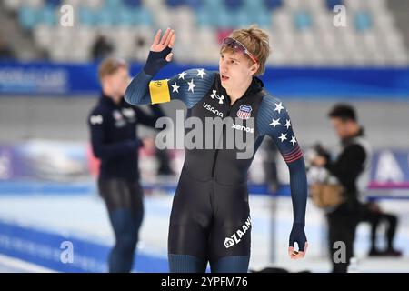 Jordan Stolz of United States reacts during the men's 1500 meters at ...